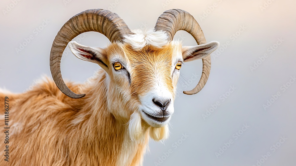 An adult goat with shaggy fur, large curved horns, and a wise ...