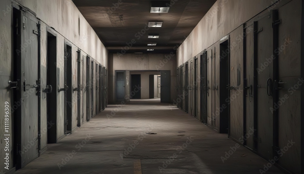 Row of empty prison cells with open doors and silence , barren, Stock ...