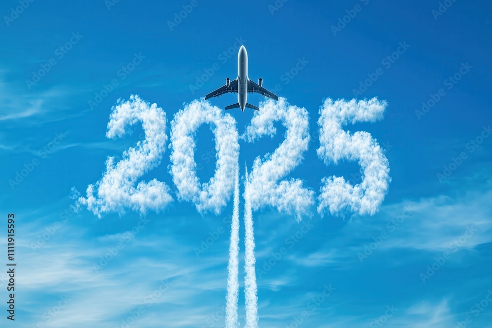 Plane theme for Christmas New Year 2025. The plane leaves a mark in the ...