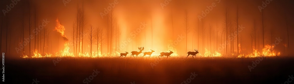Wildlife fleeing forest fire, wildfires, showing catastrophic ...