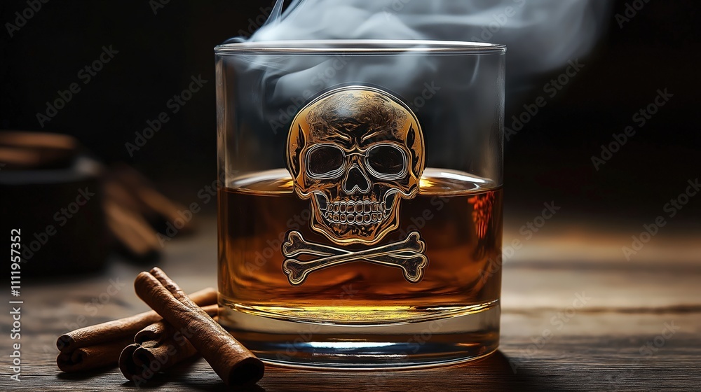 Glass of whiskey with an embossed skull and crossbones design on the ...