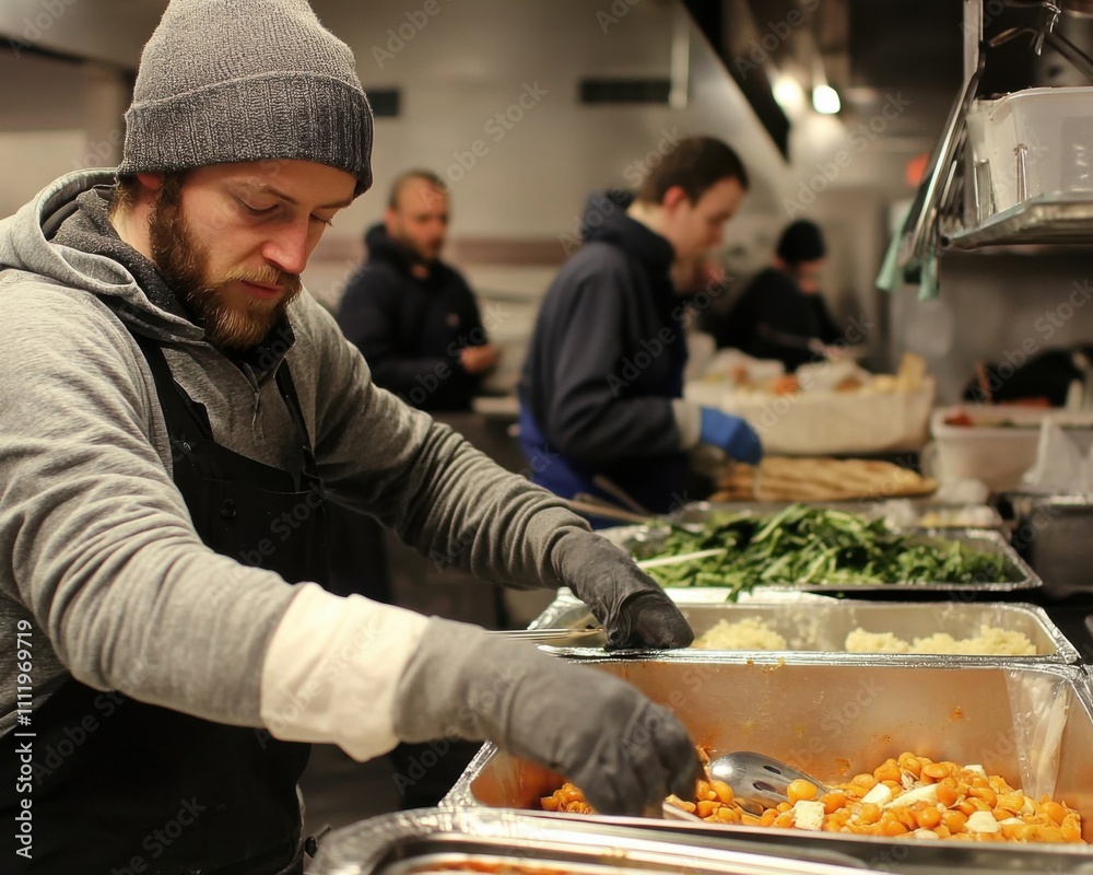 Volunteers preparing and distributing meals in a community kitchen to ...