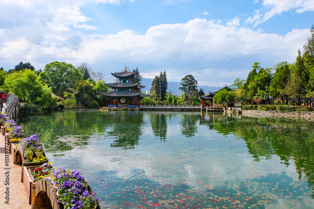 Chinese Traditional Pagoda, Pavilion and Arch Bridge at the Black ...