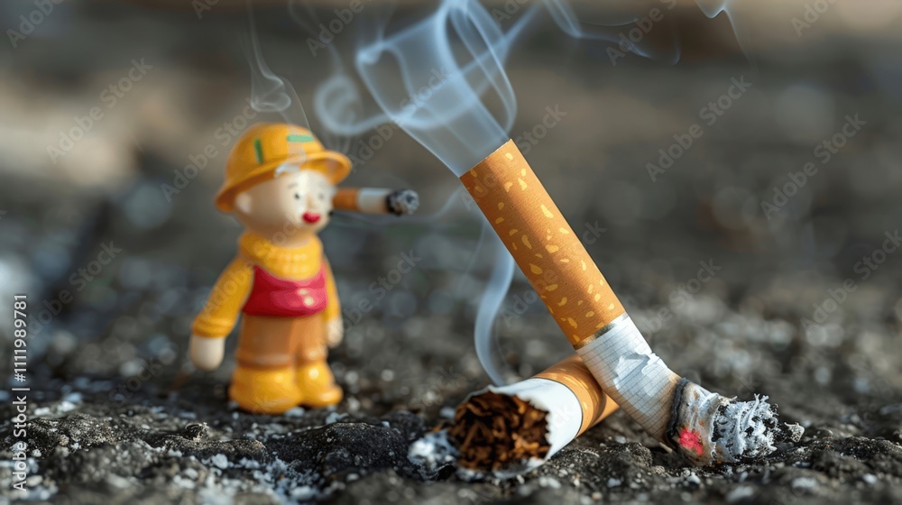 Smoking Toy Figure with Cigarette on the Ground Stock Photo | Adobe Stock