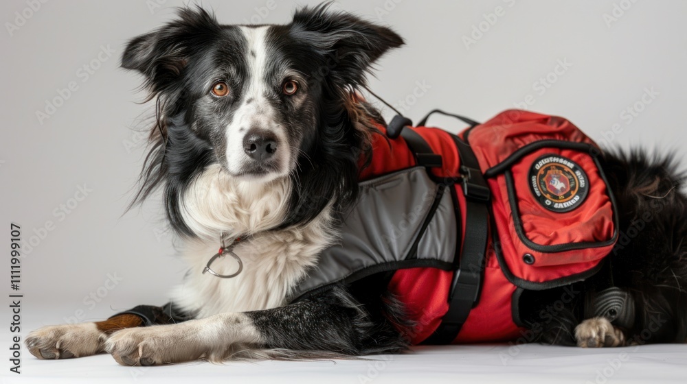 A Border Collie wearing a red vest with a firefighter badge poses ...