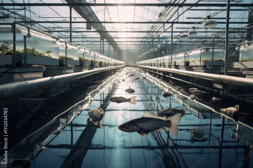 A futuristic aquaponics greenhouse with glass enclosures, fish swimming ...