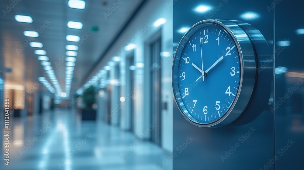 Blue wall clock in sleek contemporary office hallway with modern ...