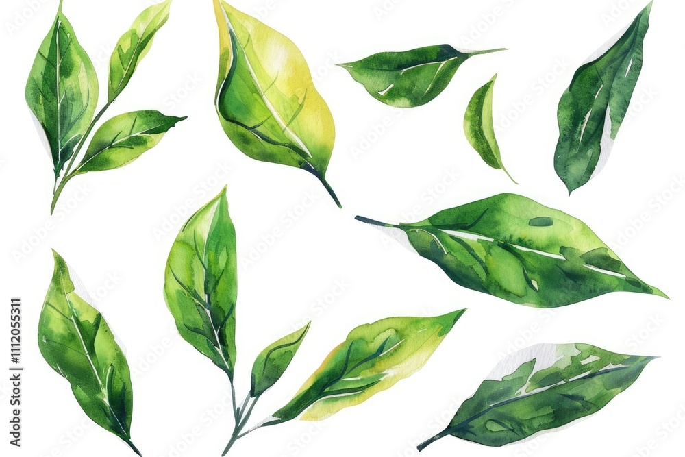 Watercolor green tea leaves clip art set, white background, vector ...