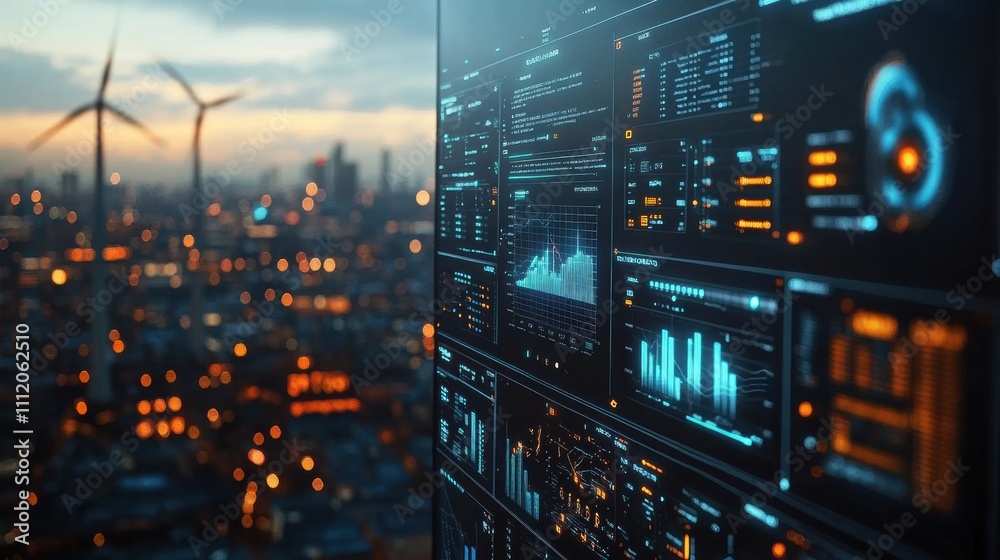 Advanced control panel with glowing data visualizations, wind turbines ...