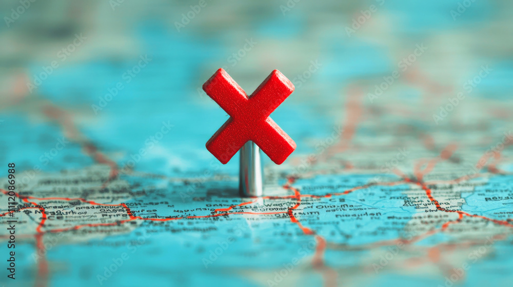 Travel restrictions and visa concept Red cross marker on a map ...