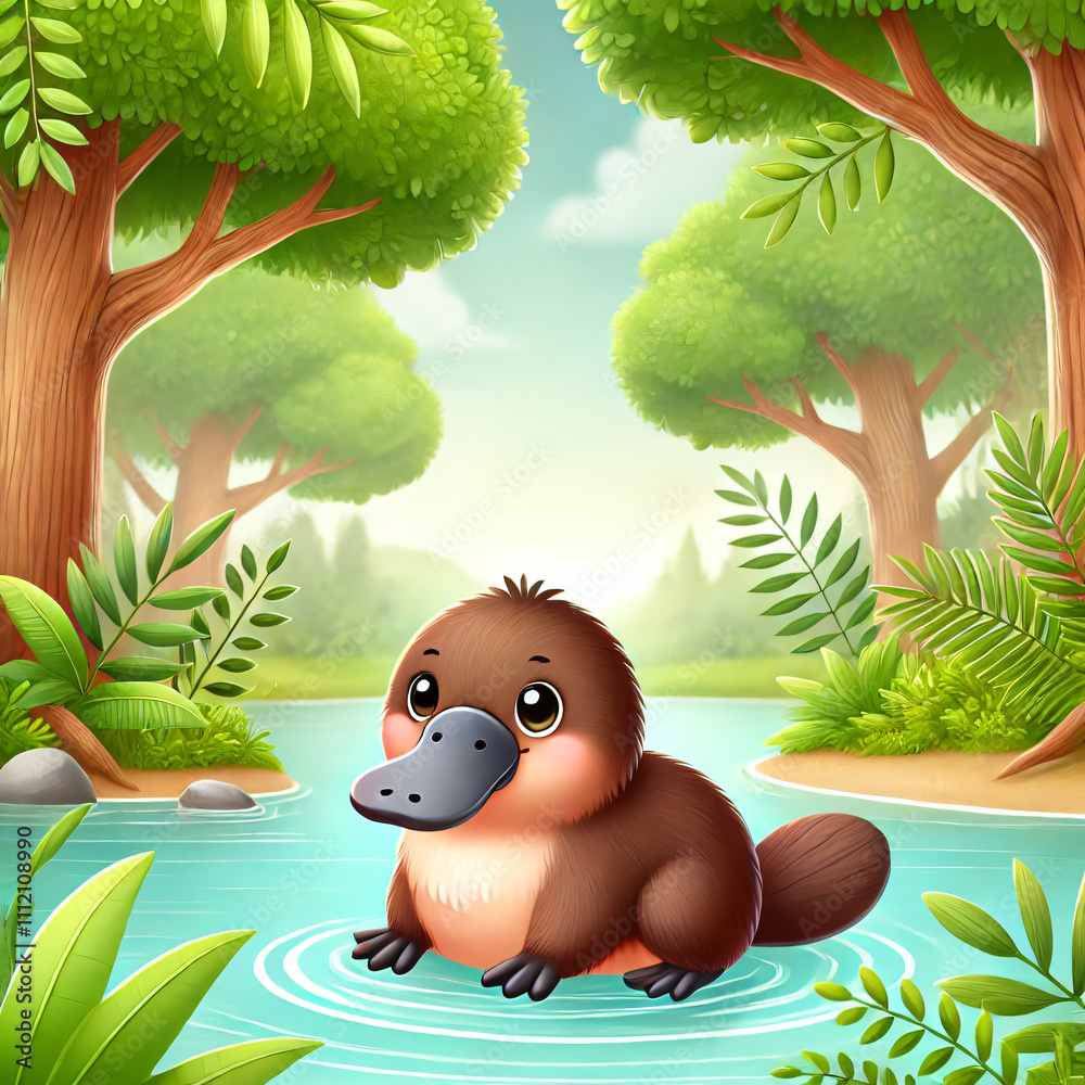 Cartoon platypus on a lake, featuring a playful animated style ...