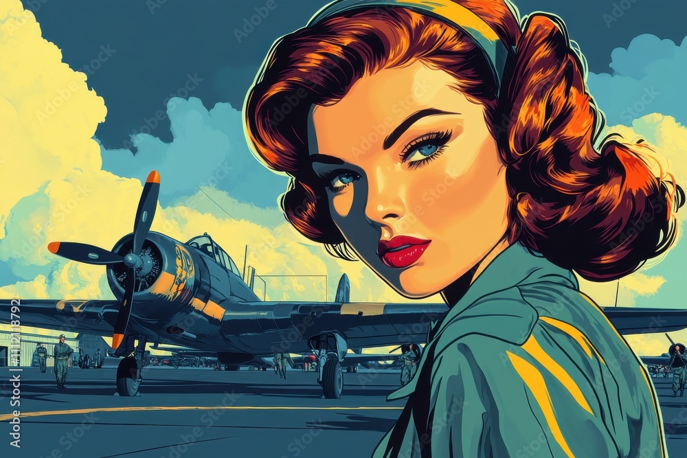 Pop-art illustration of a pin-up woman with red hair standing on an ...