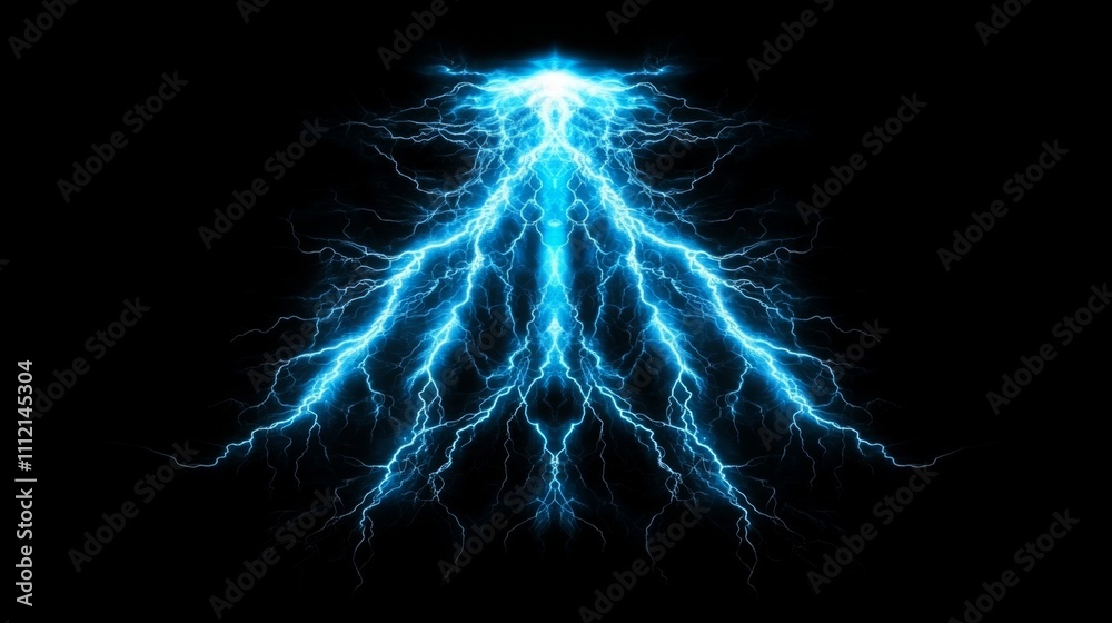 Lightning, electric thunderbolt strike of blue colour during night ...