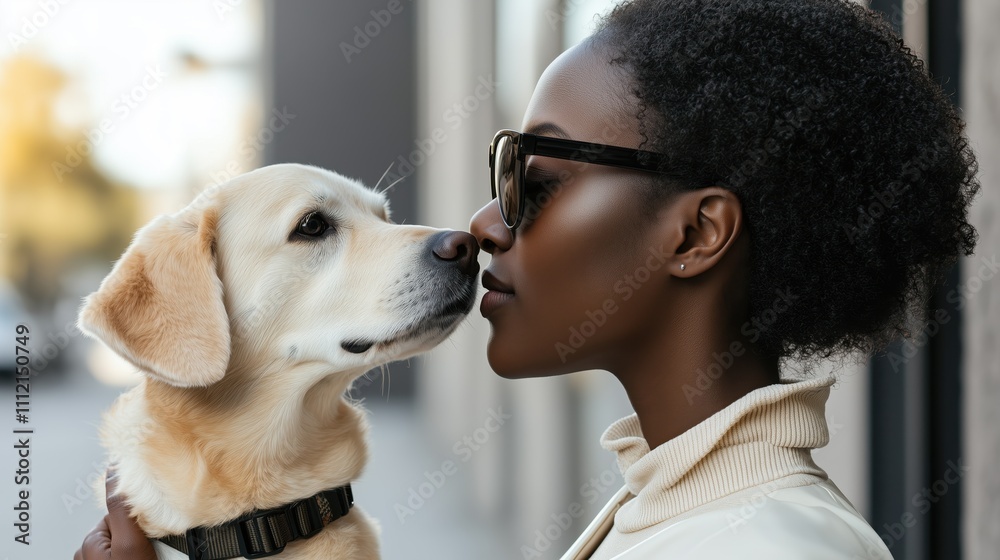 African american blind woman and guide dog close up outdoors Stock ...