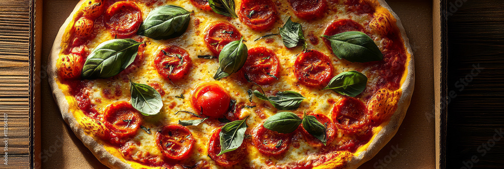 A minimalist composition of a pizza box half-open, revealing a ...