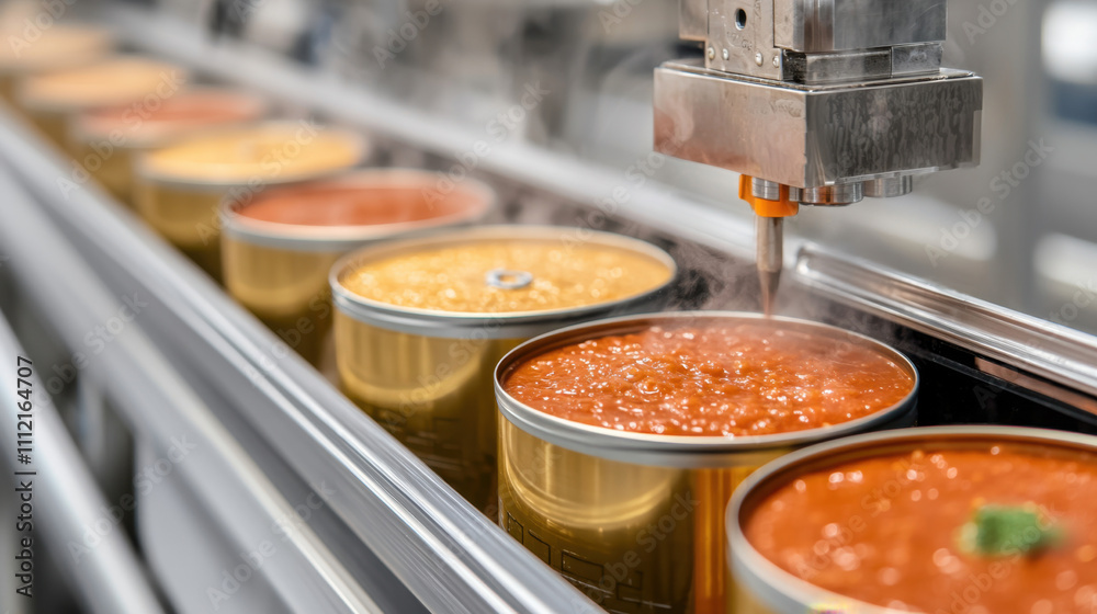 Food factory. A production line shows various steaming soup cans being ...