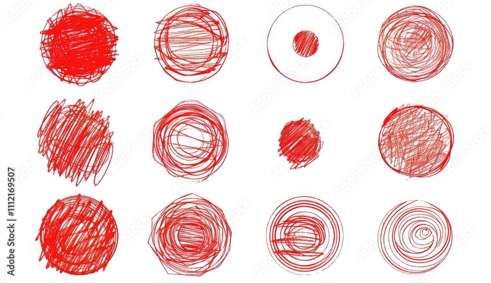 set of red hand drawn doodle circle on white background, vector ...
