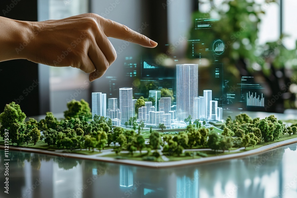 Human hand pointing at a holographic green city model surrounded by ...
