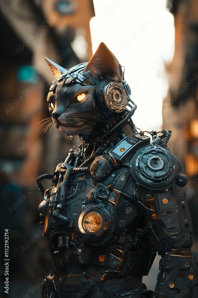 Robot cat with realistic body on blurred background. Cute robotic pet ...