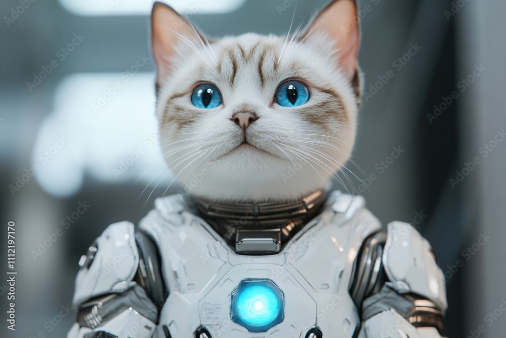 Robot cat with realistic body on blurred background. Cute robotic pet ...