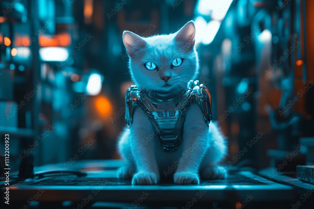 Robot cat with realistic body on blurred background. Cute robotic pet ...