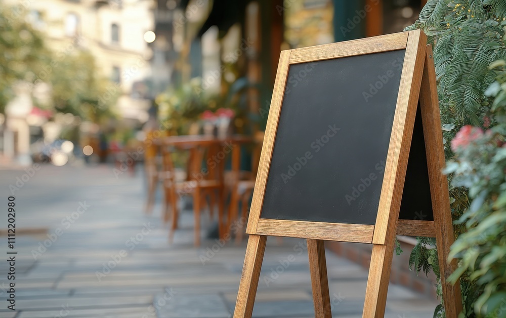 A high-resolution, hyper-realistic photograph of a wooden A-frame menu ...