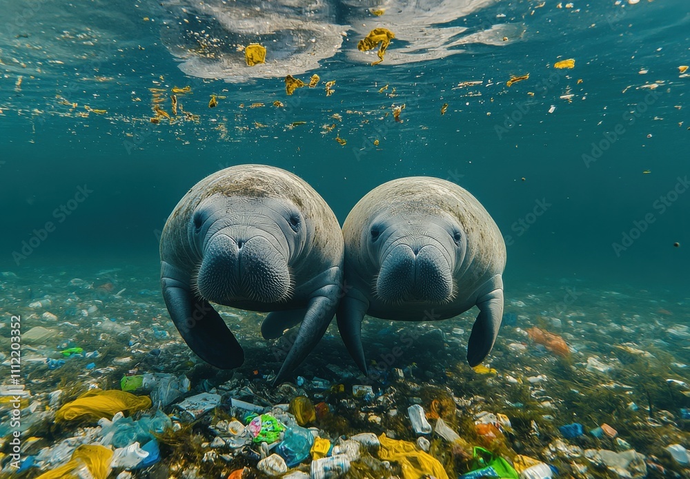 Two Manatees Swimming in Polluted Waters Surrounded by Plastic Debris ...