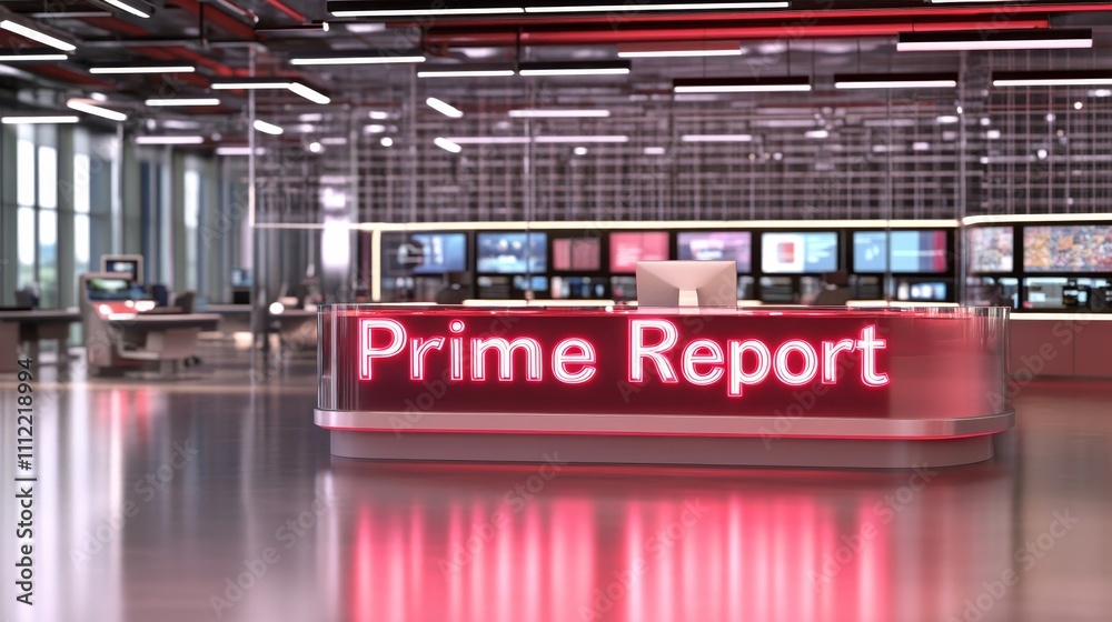 Modern newsroom featuring glowing text "Prime Report" on a floating ...