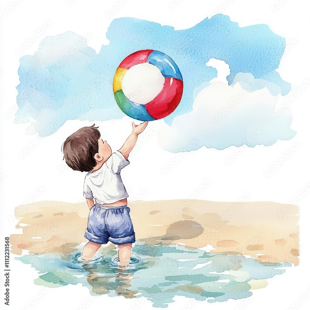 Watercolor illustration clipart of a kid playing catch with a beach ...