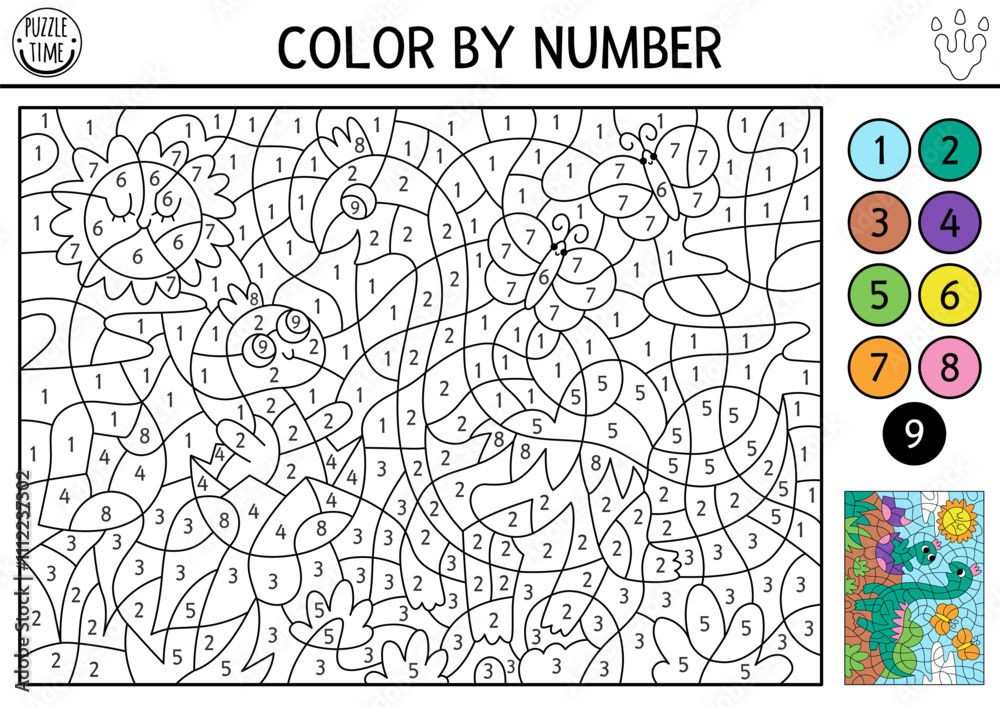Vector dinosaur color by number activity with brachiosaurus, hatching ...