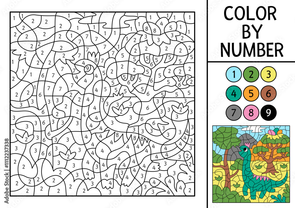 Vector dinosaur color by number activity with brachiosaurus eating ...