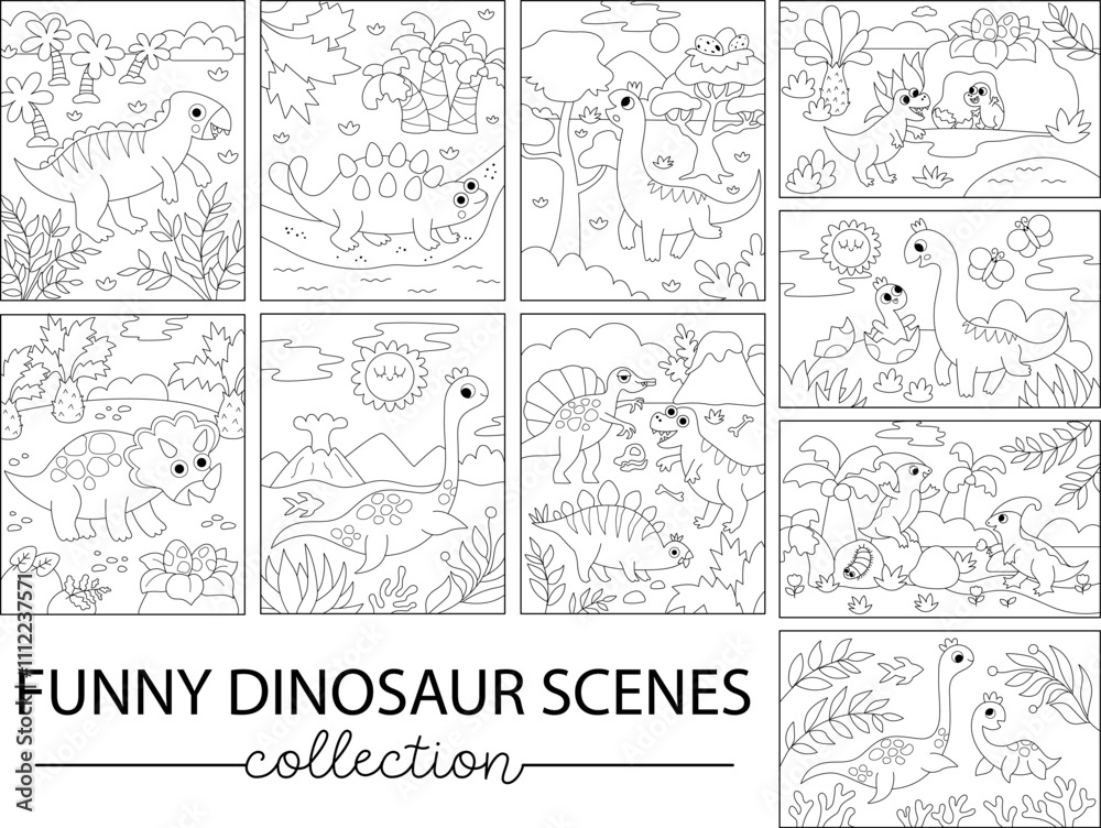 Vector black and white dinosaur vertical and horizontal scenes ...
