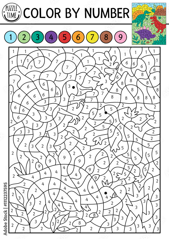 Vector dinosaur color by number activity with t-rex, stegosaur ...