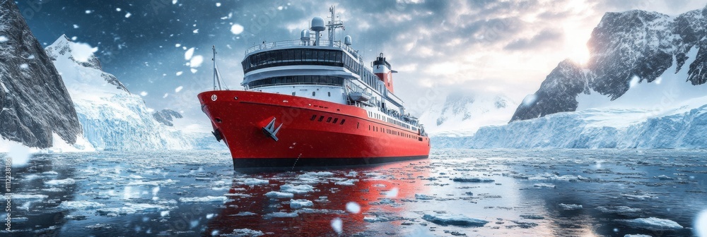 A red icebreaker ship pushes through icy waters in the Arctic ...