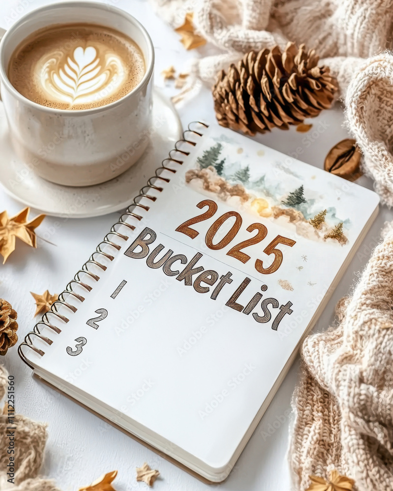 2025 bucket list concept. Cozy scene with a coffee cup and a 2025 ...