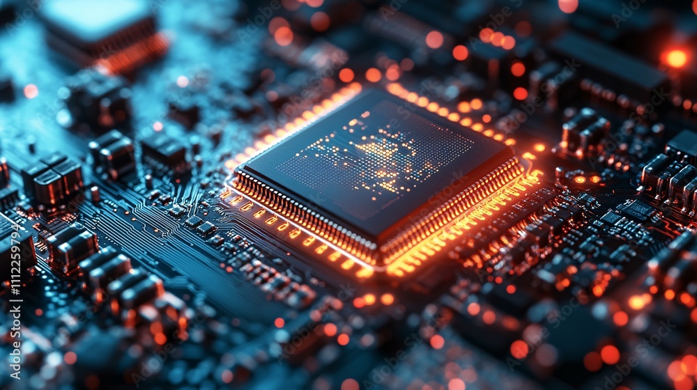 Futuristic microchip processor with lights on the blue background. Quantum computer large data ...