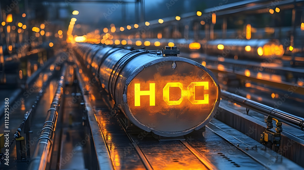 Industry Pipe Transport System: HOC Code Illumination at Night Stock ...