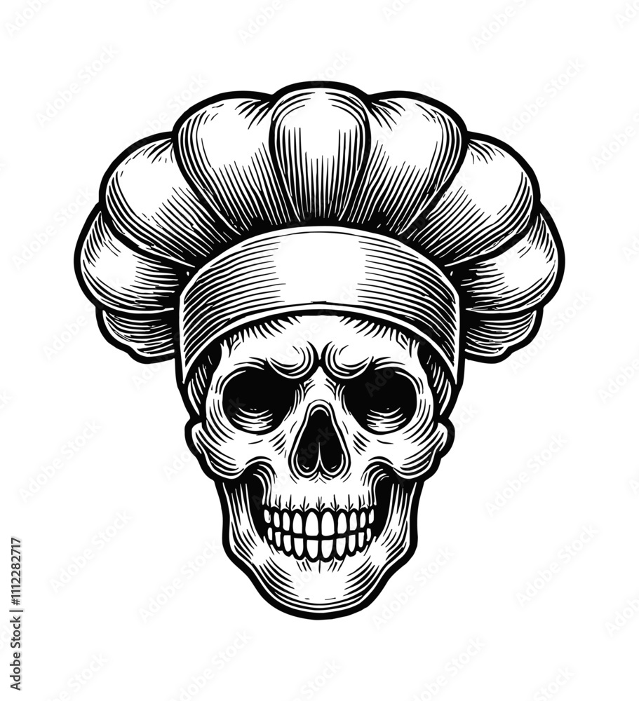 skull chef hat engraving black and white outline Stock Vector | Adobe Stock