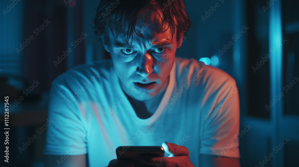 A stressed white man nervously looks at his cellphone or mobile in ...
