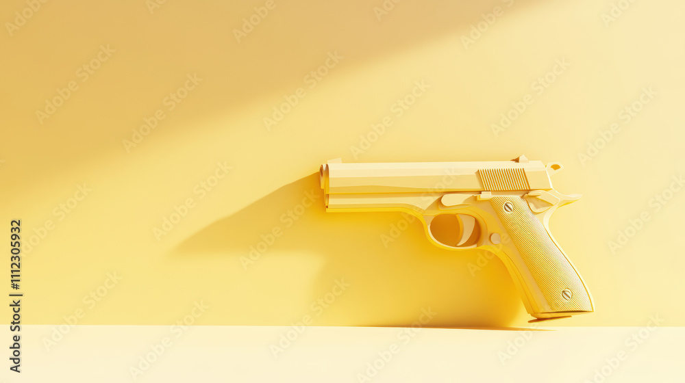 Yellow handgun isolated on a minimalistic background with soft shadows ...