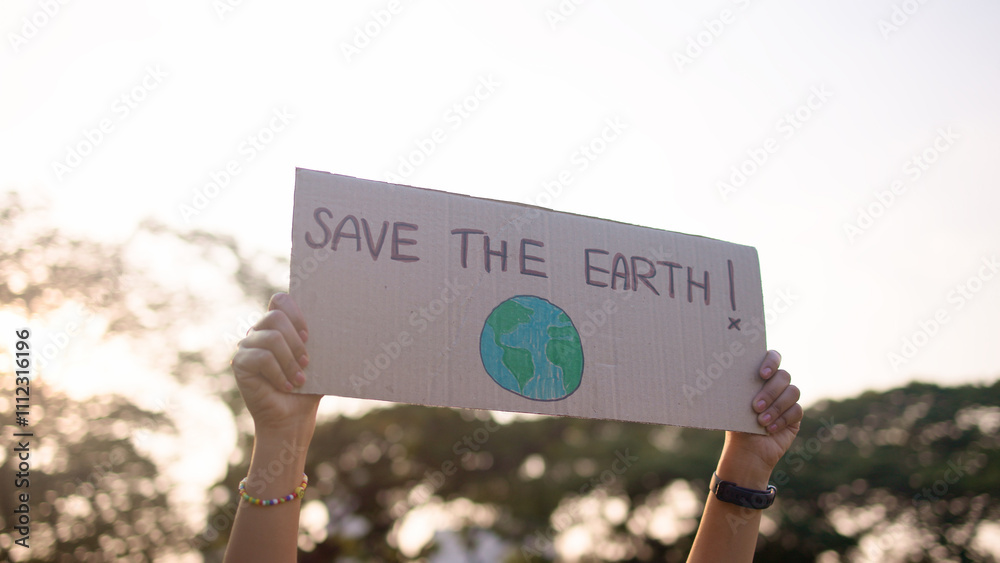 Go green people young woman hand raised showing save the earth planet ...
