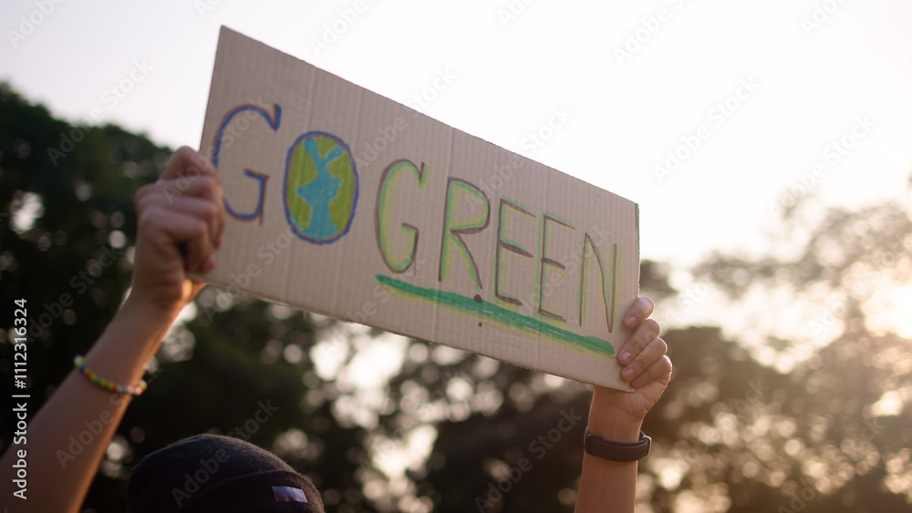 Go green people young woman hand raised showing save the earth planet ...