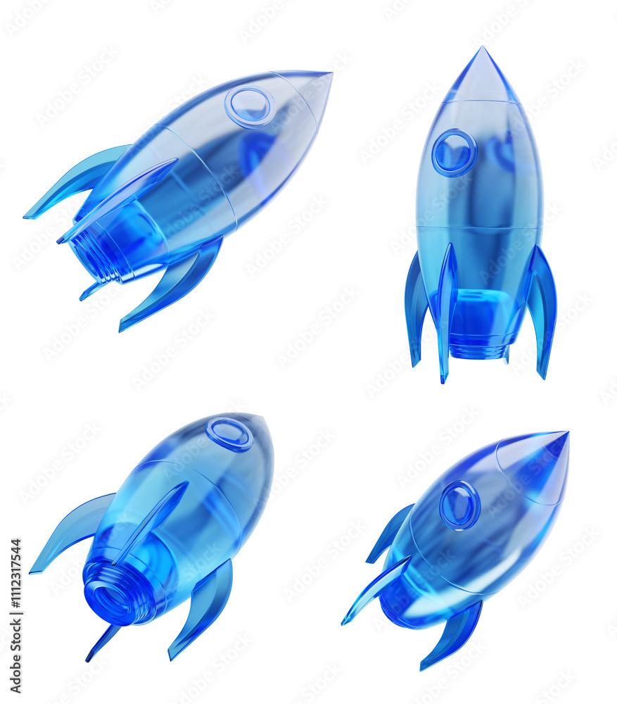 Four blue transparent rocket models isolated on a white background, 3D ...