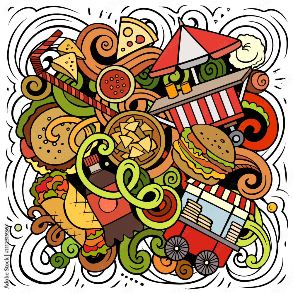 Fastfood vector doodles illustration. Fast food design. Unhealthy food ...