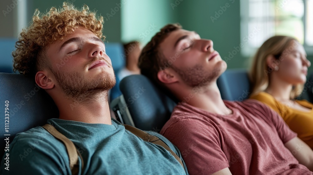 Two young men, comfortably asleep in a classroom setting, illustrate a ...