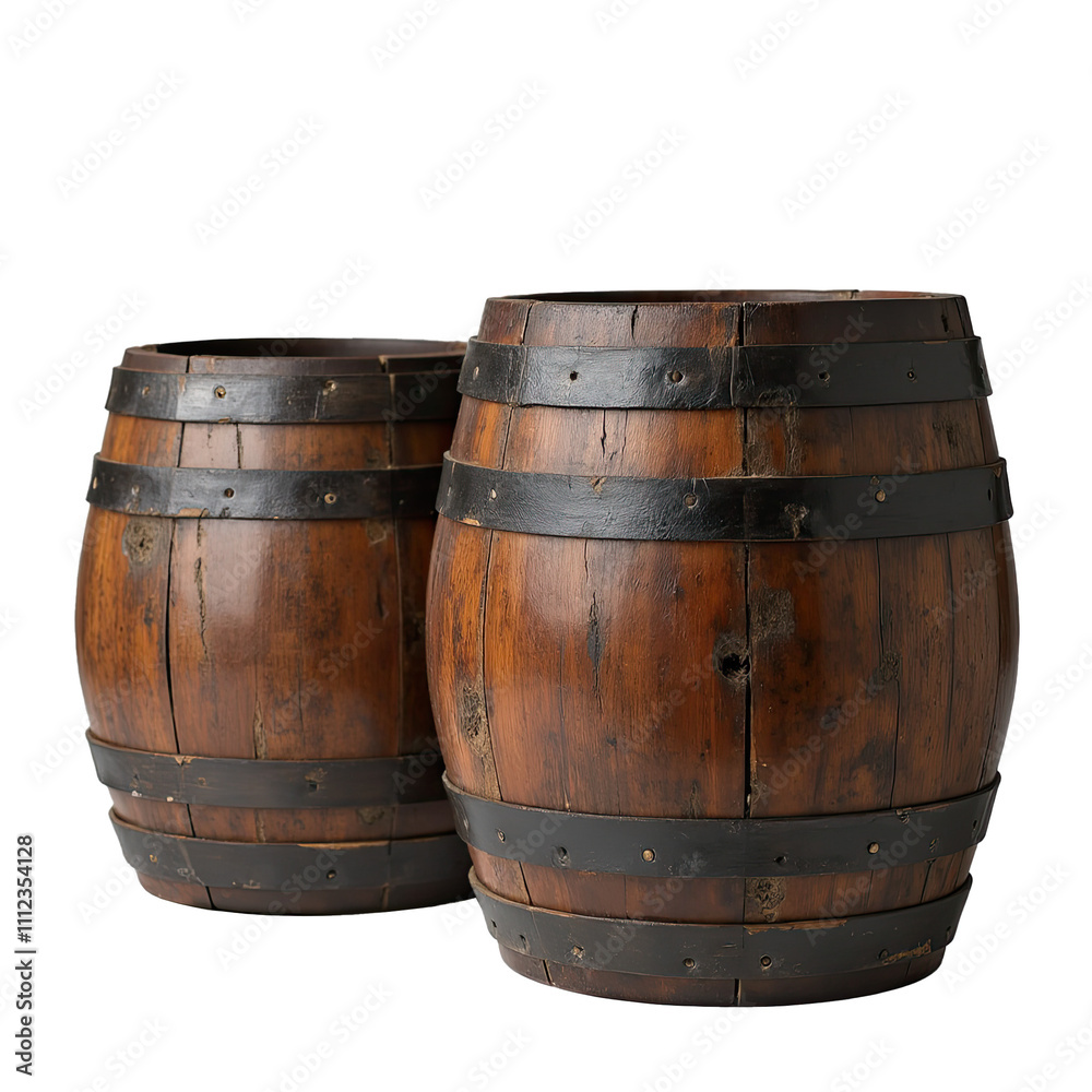 two antique large wooden barrels on a transparent background. wooden ...