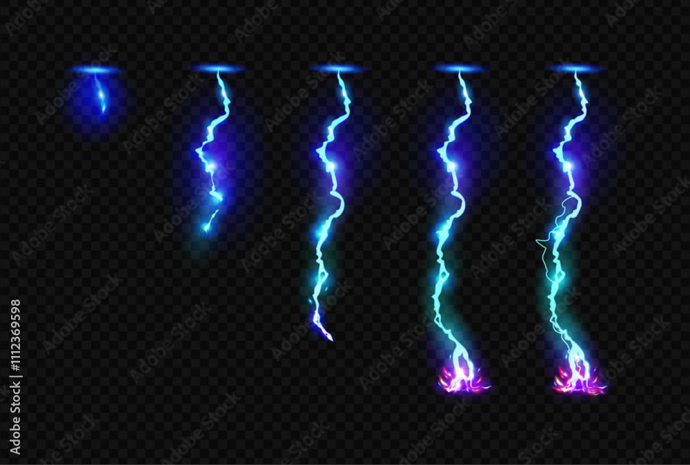 Neon thunderbolts animation. Vector isolated set of realistic thunders ...