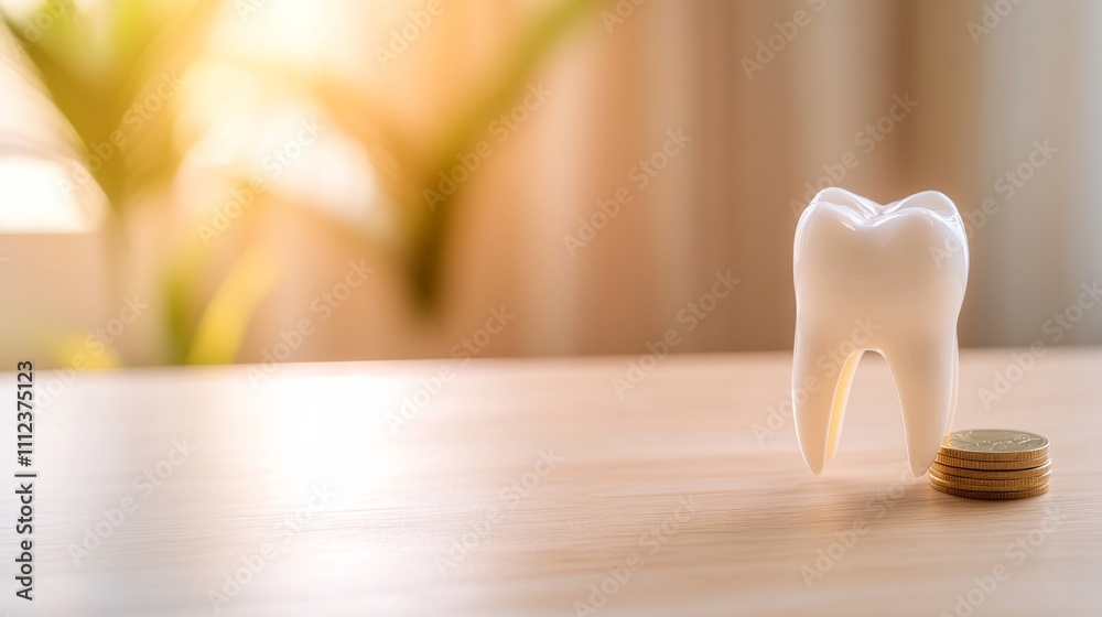 Single tooth model placed next to coins highlights the financial aspect ...