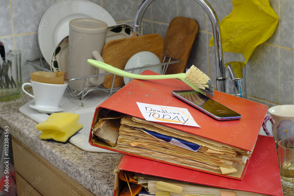heap of file folders in the kitchen with dishes and kitchen utensils ...