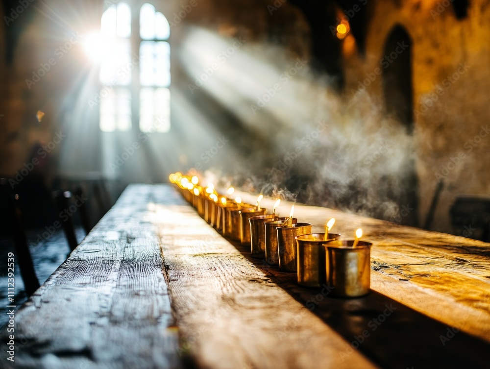 A wide-angle view captures a medieval castle banquet hall featuring a ...